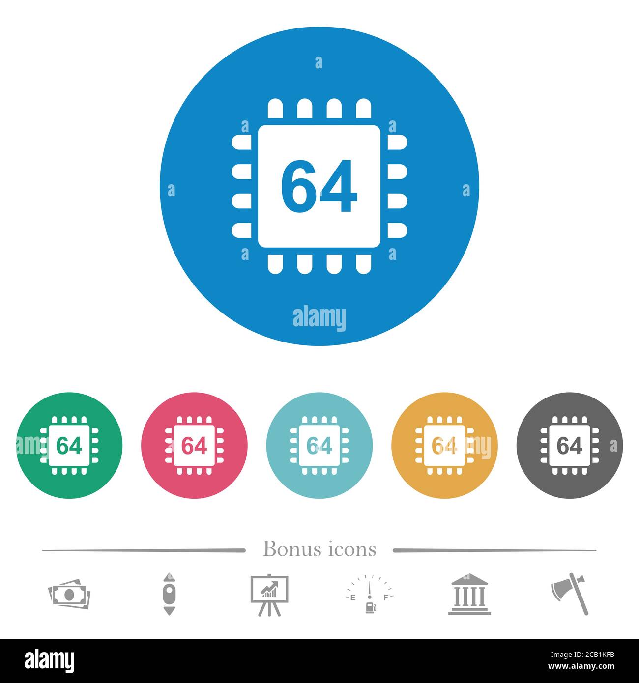 Microprocessor 64 bit architecture flat white icons on round color ...