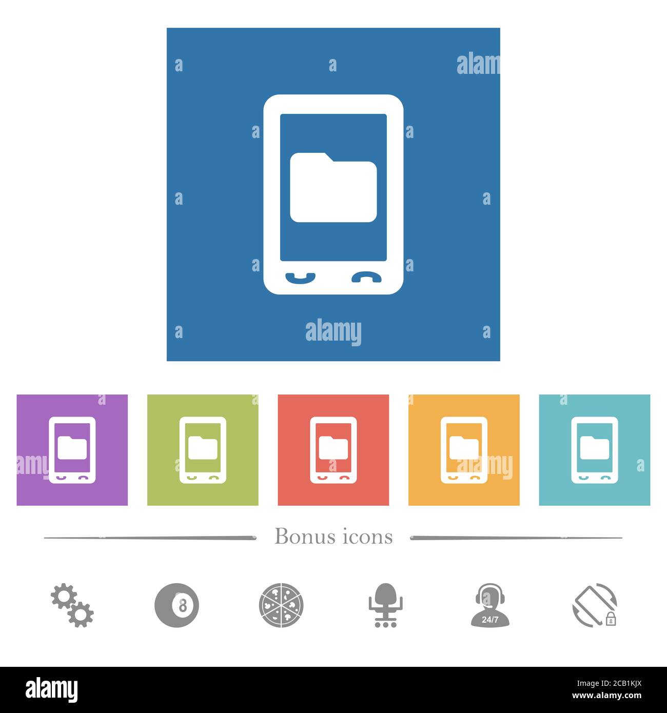 Mobile data storage flat white icons in square backgrounds. 6 bonus ...