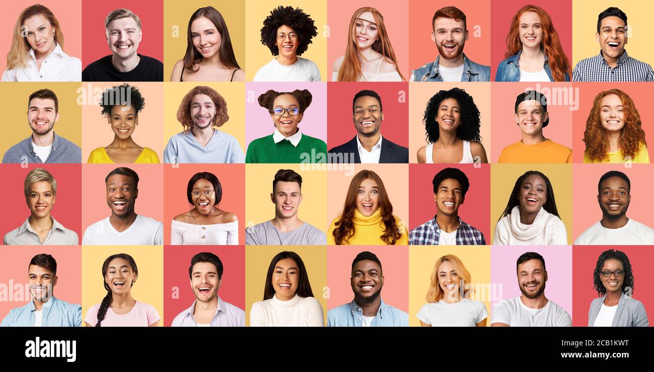 Set Of Multiethnic People Emotional Portraits Over Colored Backgrounds ...
