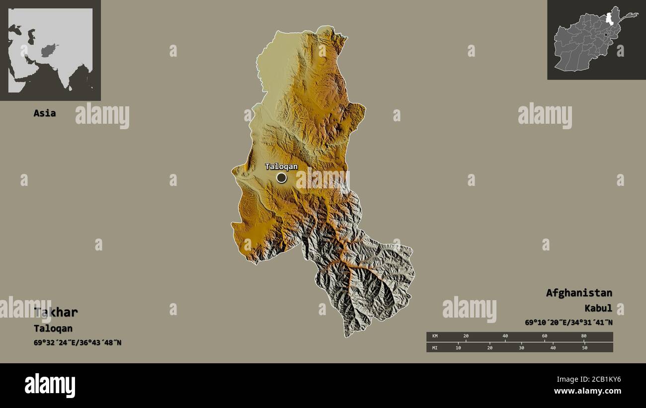 Shape of Takhar, province of Afghanistan, and its capital. Distance ...