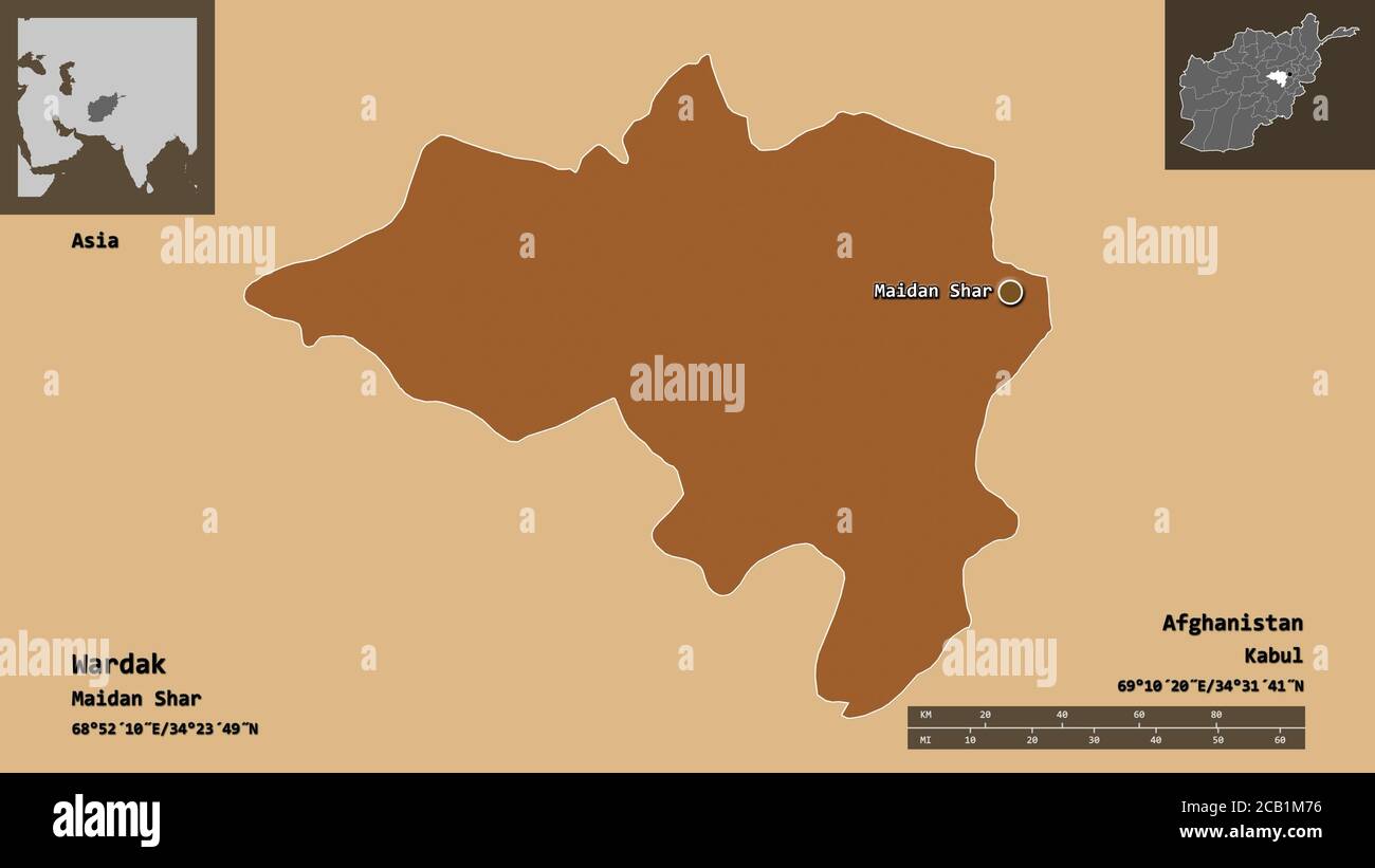 Shape of Wardak, province of Afghanistan, and its capital. Distance ...