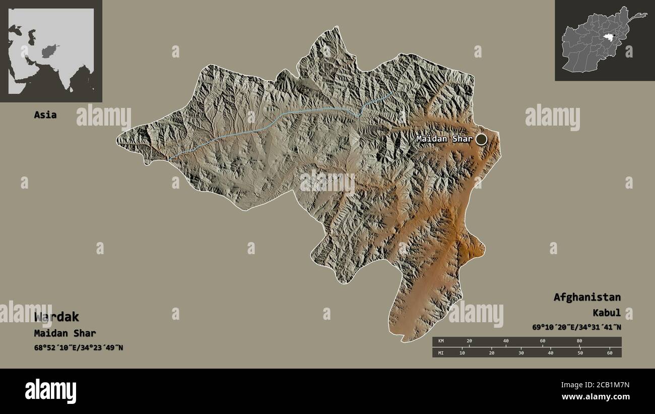 Shape of Wardak, province of Afghanistan, and its capital. Distance ...