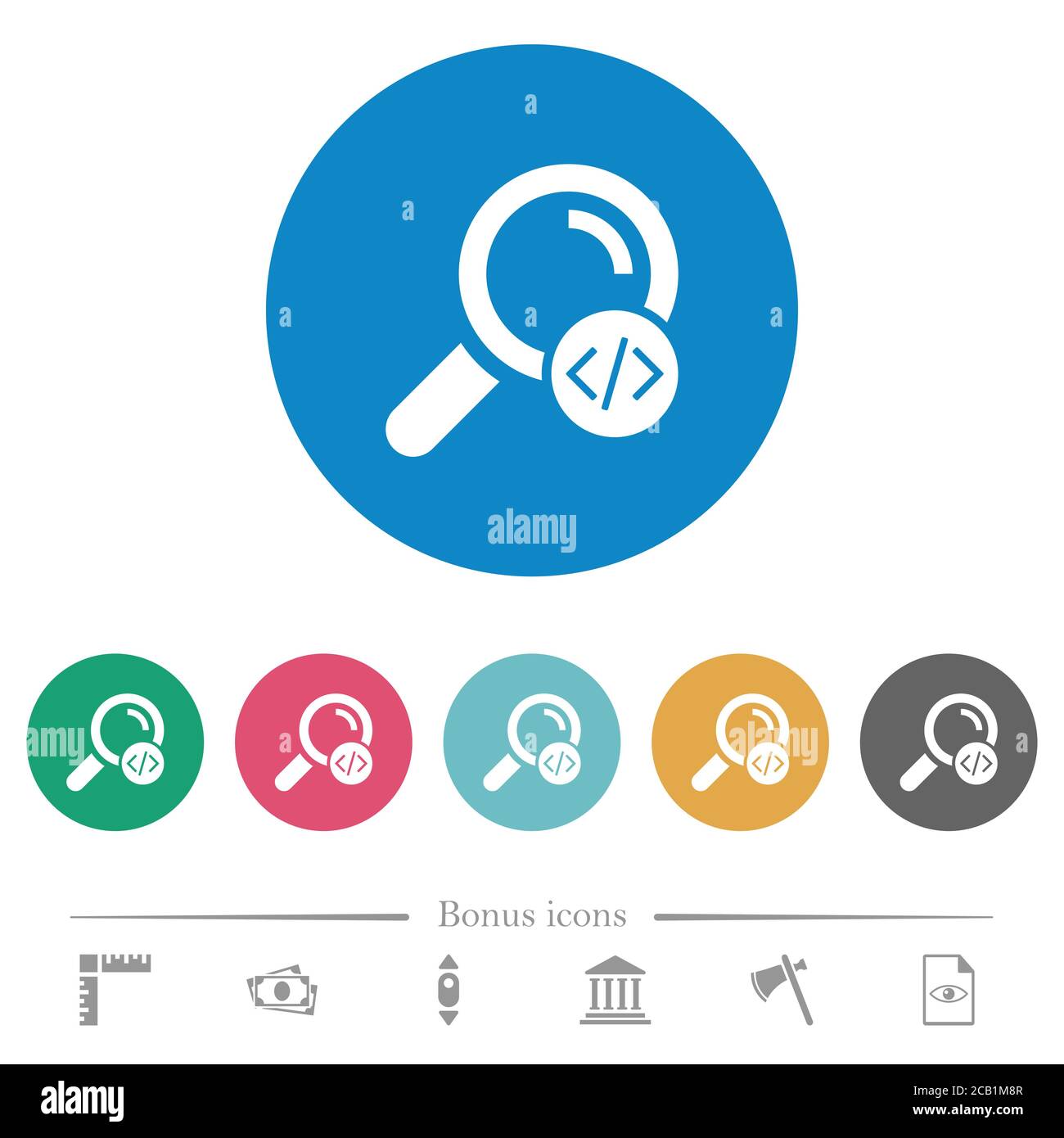 Search programming code flat white icons on round color backgrounds. 6 ...
