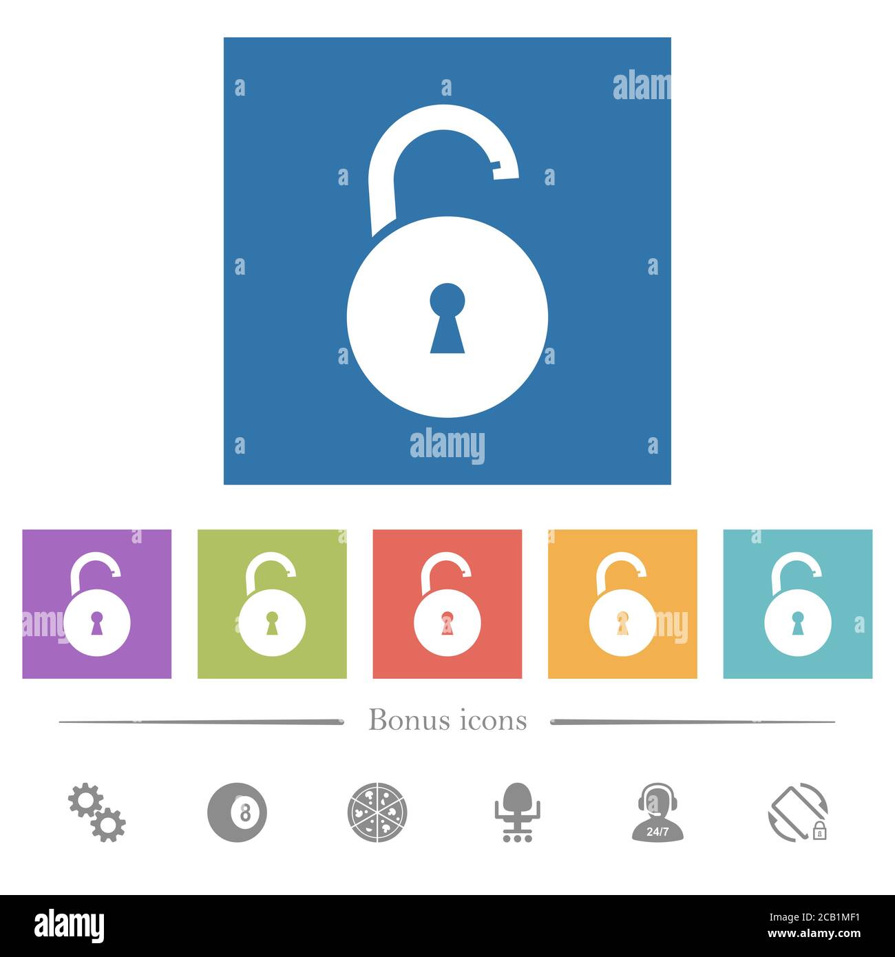 Unlocked round padlock with keyhole flat white icons in square ...
