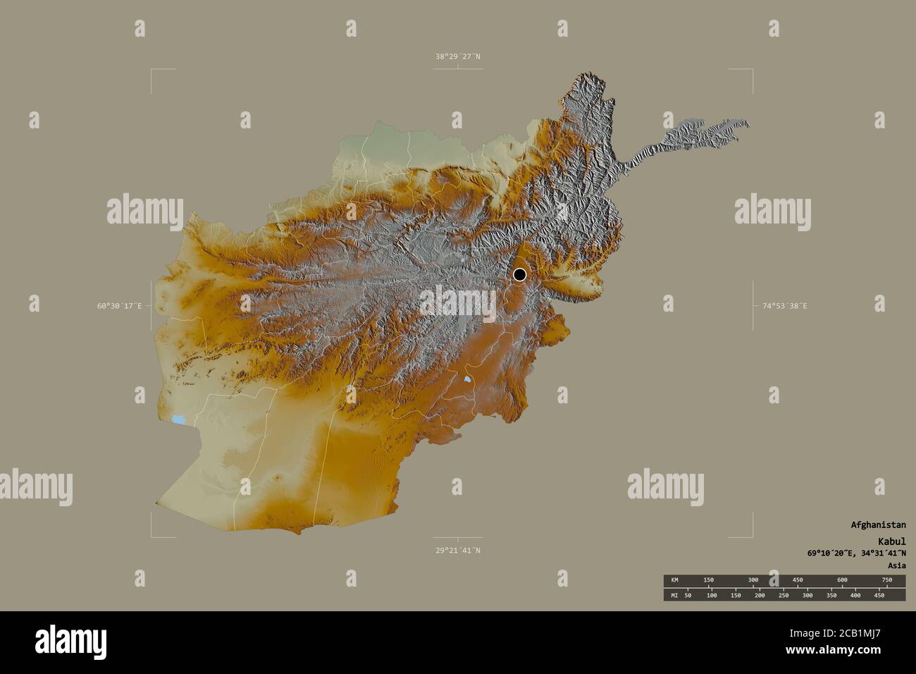 Area of Afghanistan isolated on a solid background in a georeferenced ...