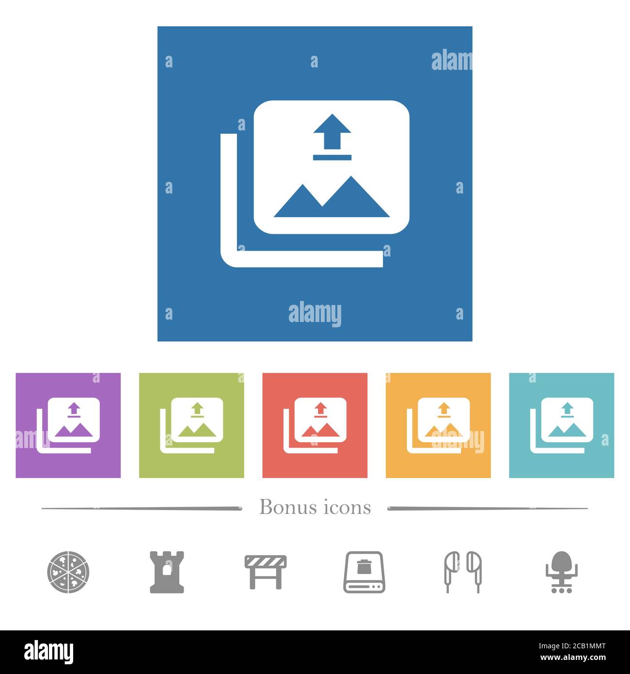 Upload multiple images flat white icons in square backgrounds. 6 bonus ...