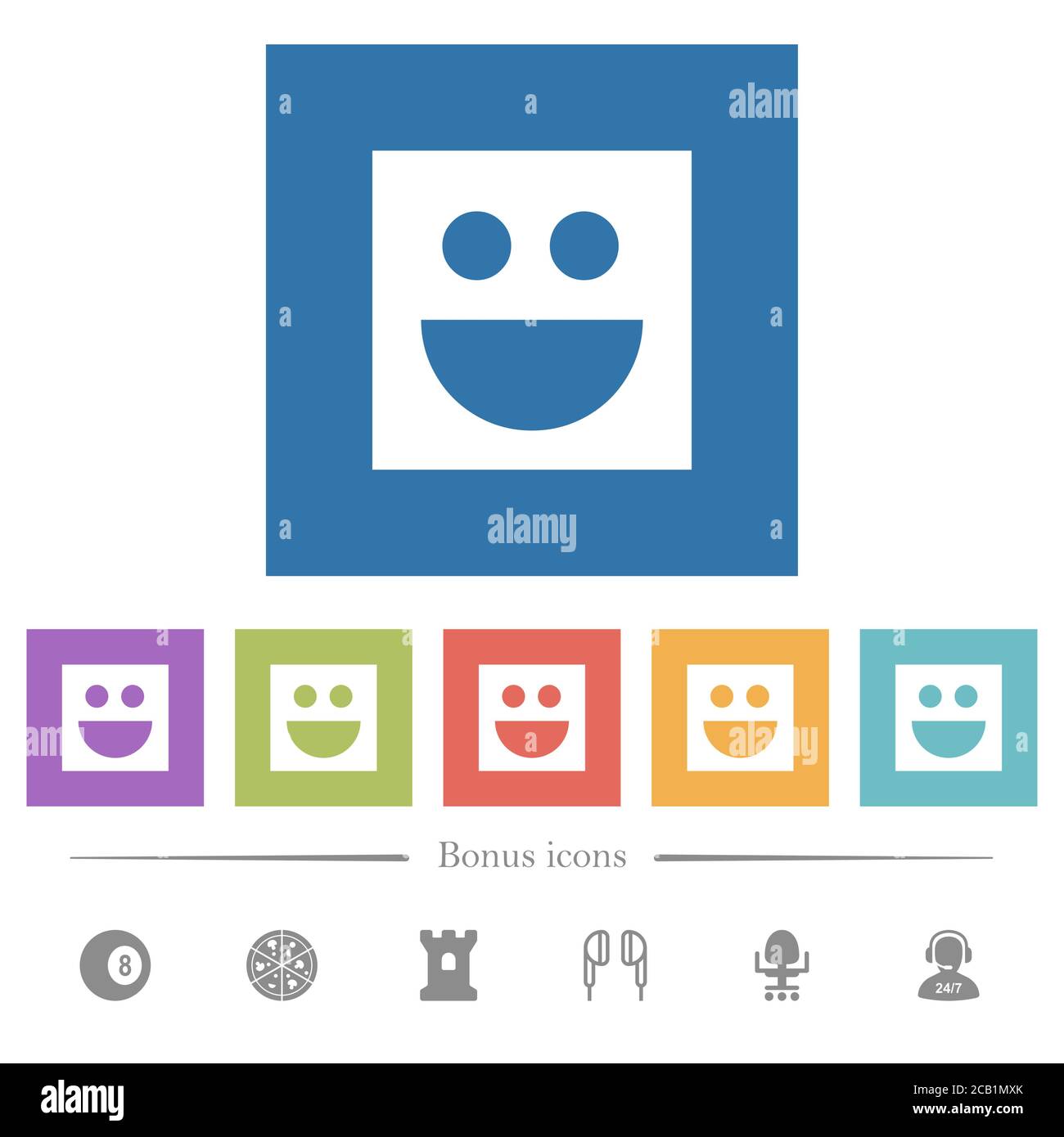 Smiley flat white icons in square backgrounds. 6 bonus icons included ...