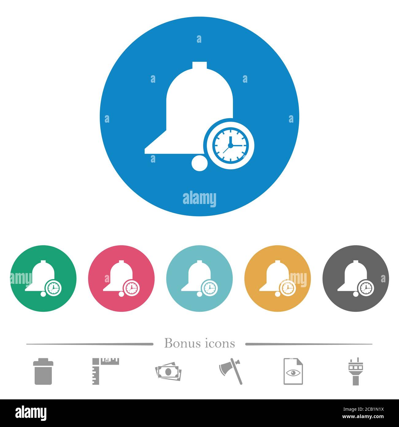 Reminder time flat white icons on round color backgrounds. 6 bonus ...