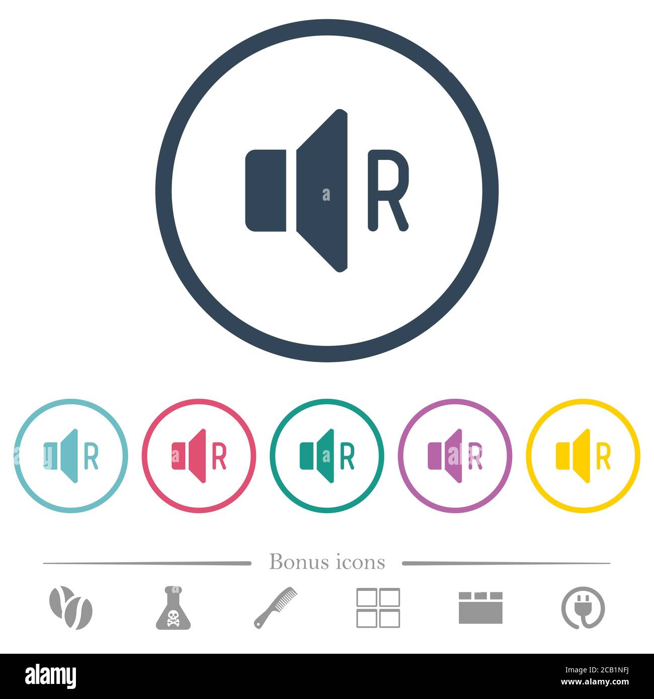 Right audio channel flat color icons in round outlines. 6 bonus icons ...