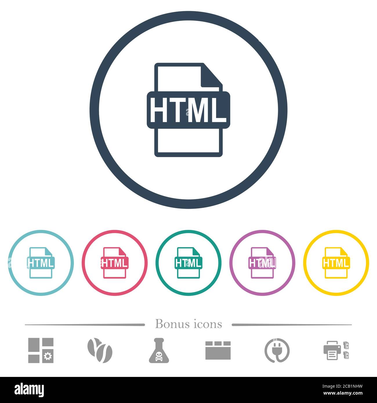 HTML file format flat color icons in round outlines. 6 bonus icons ...