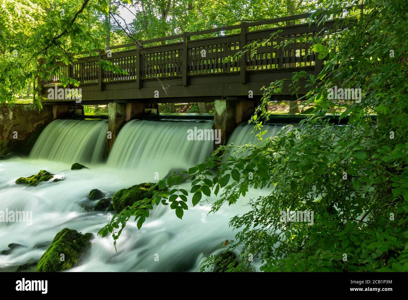Footbridge and Dam In The Woods Stock Photo - Alamy
