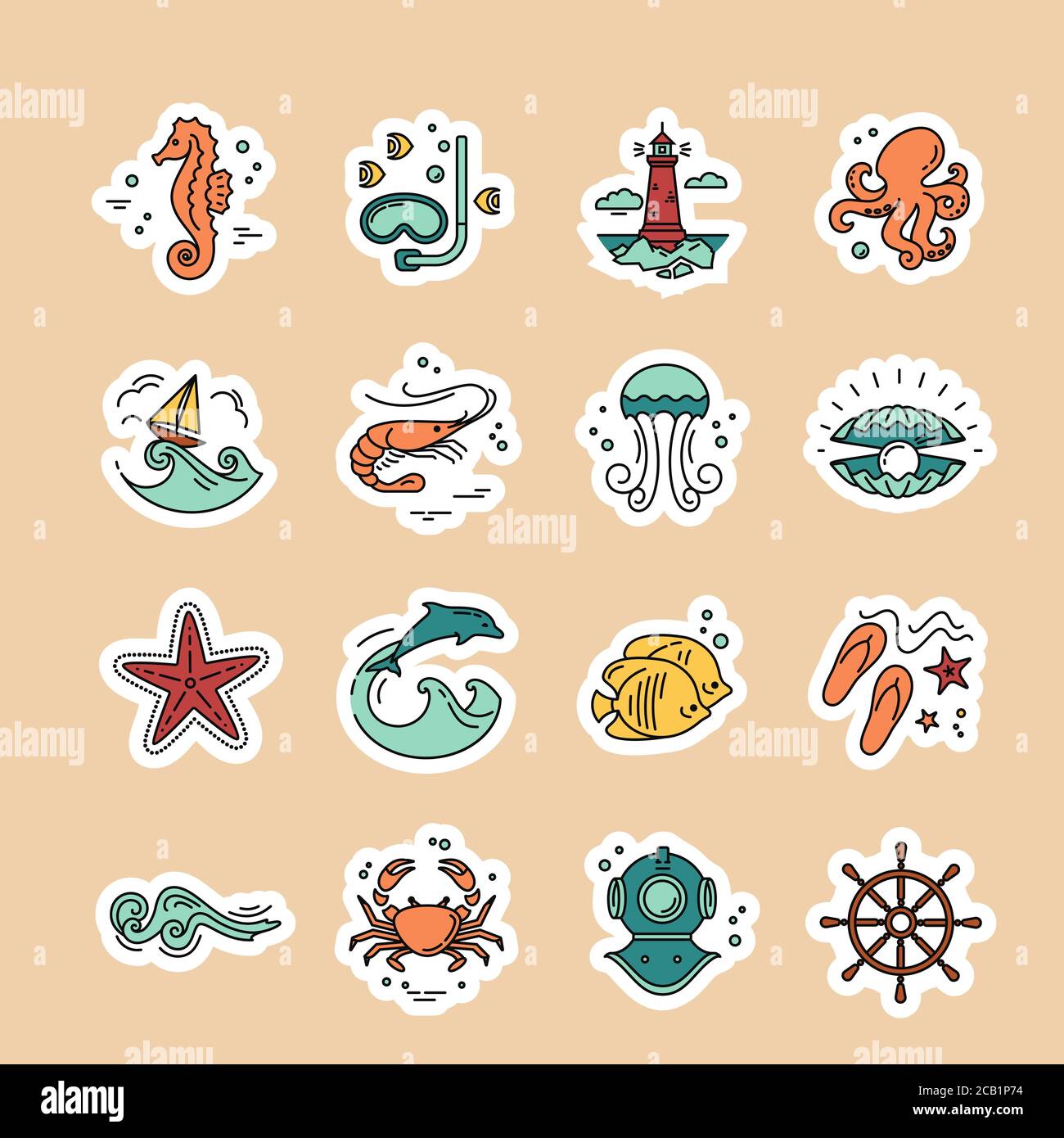 Modern vector illustration of undersea life. Flat icons with sea ...