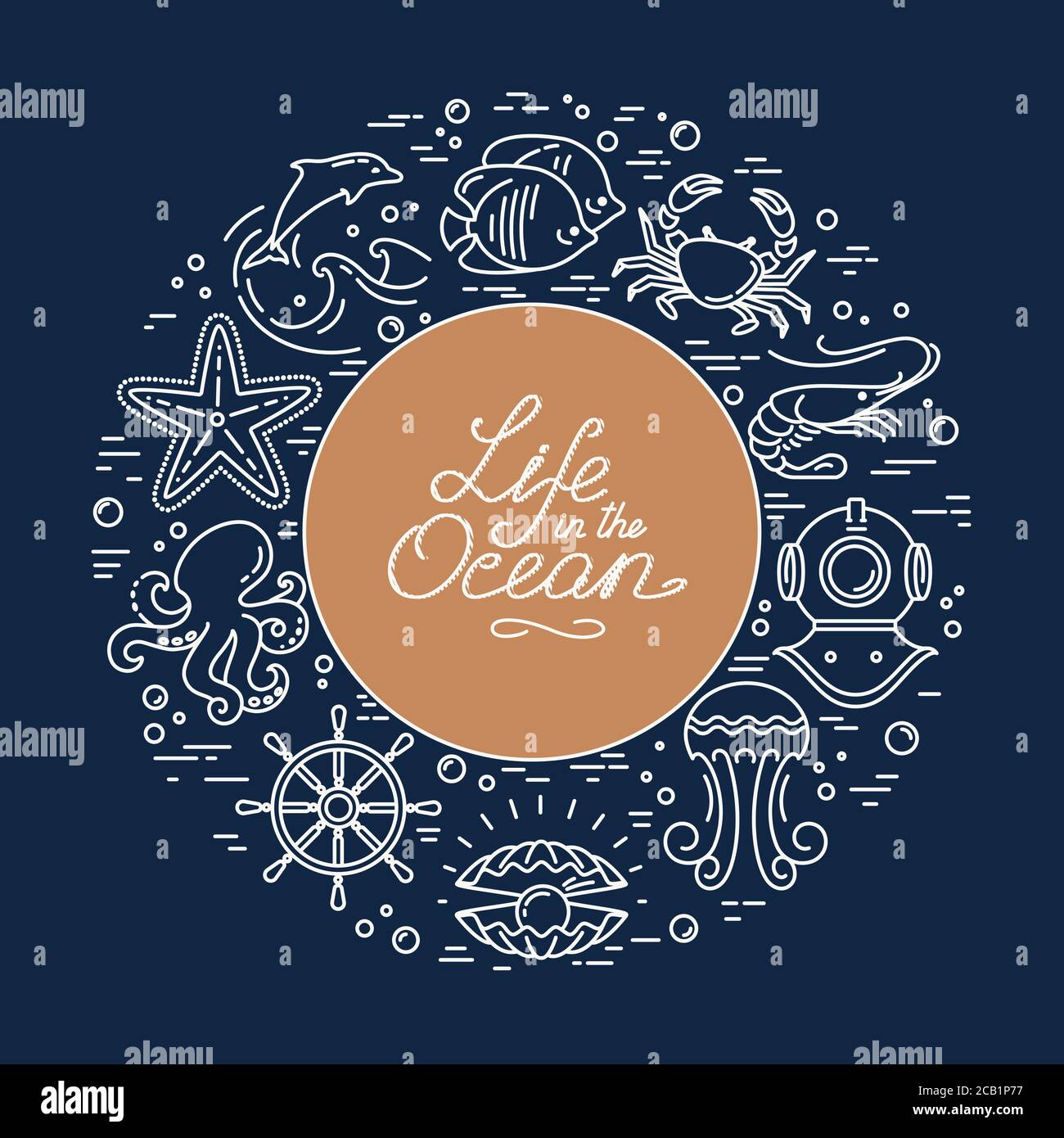 Modern vector illustration of undersea life. Flat icons with sea ...