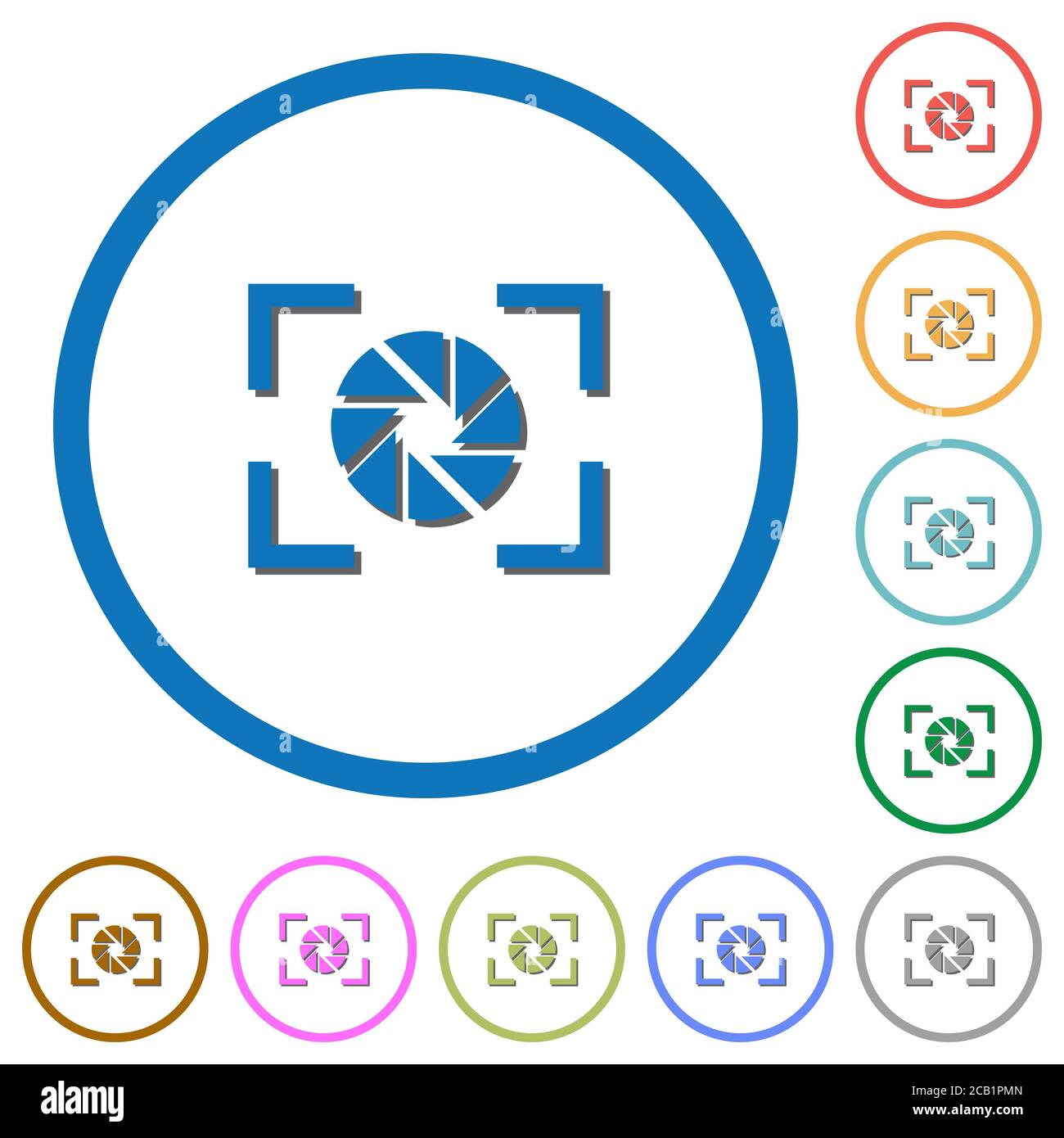 Camera aperture setting flat color vector icons with shadows in round ...