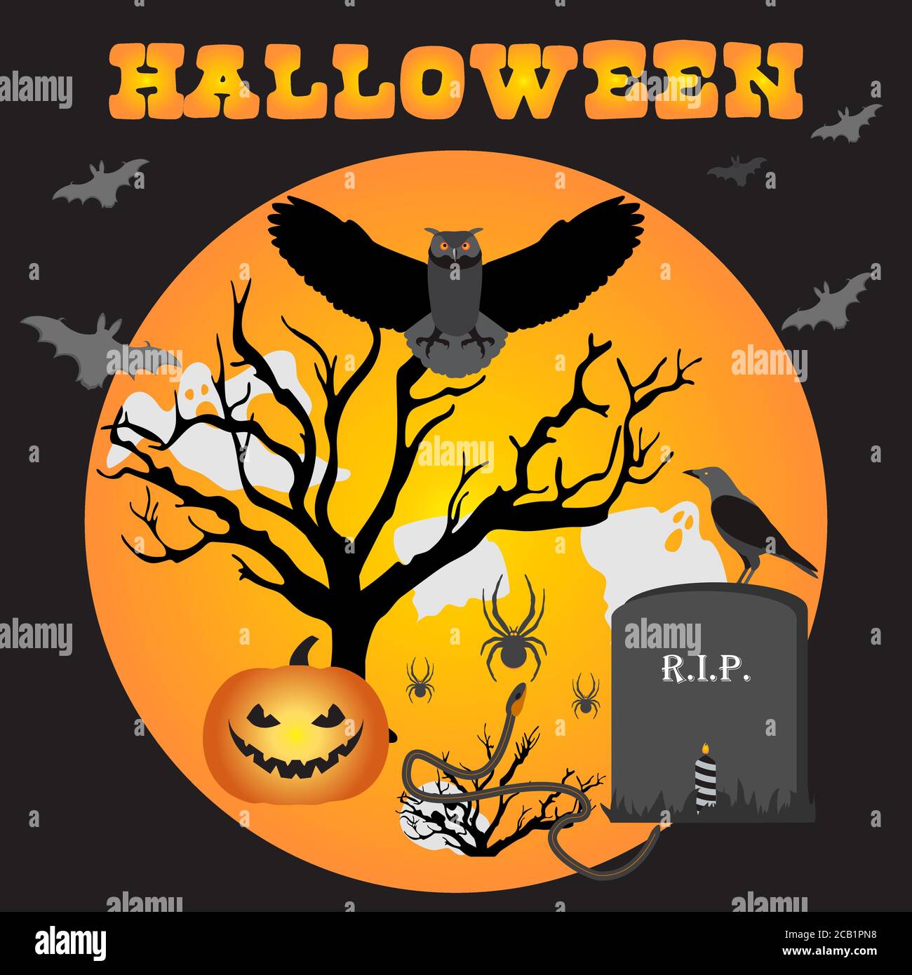 Halloween Party Vector illustration Full moon, bat, tree, owl, grave ...