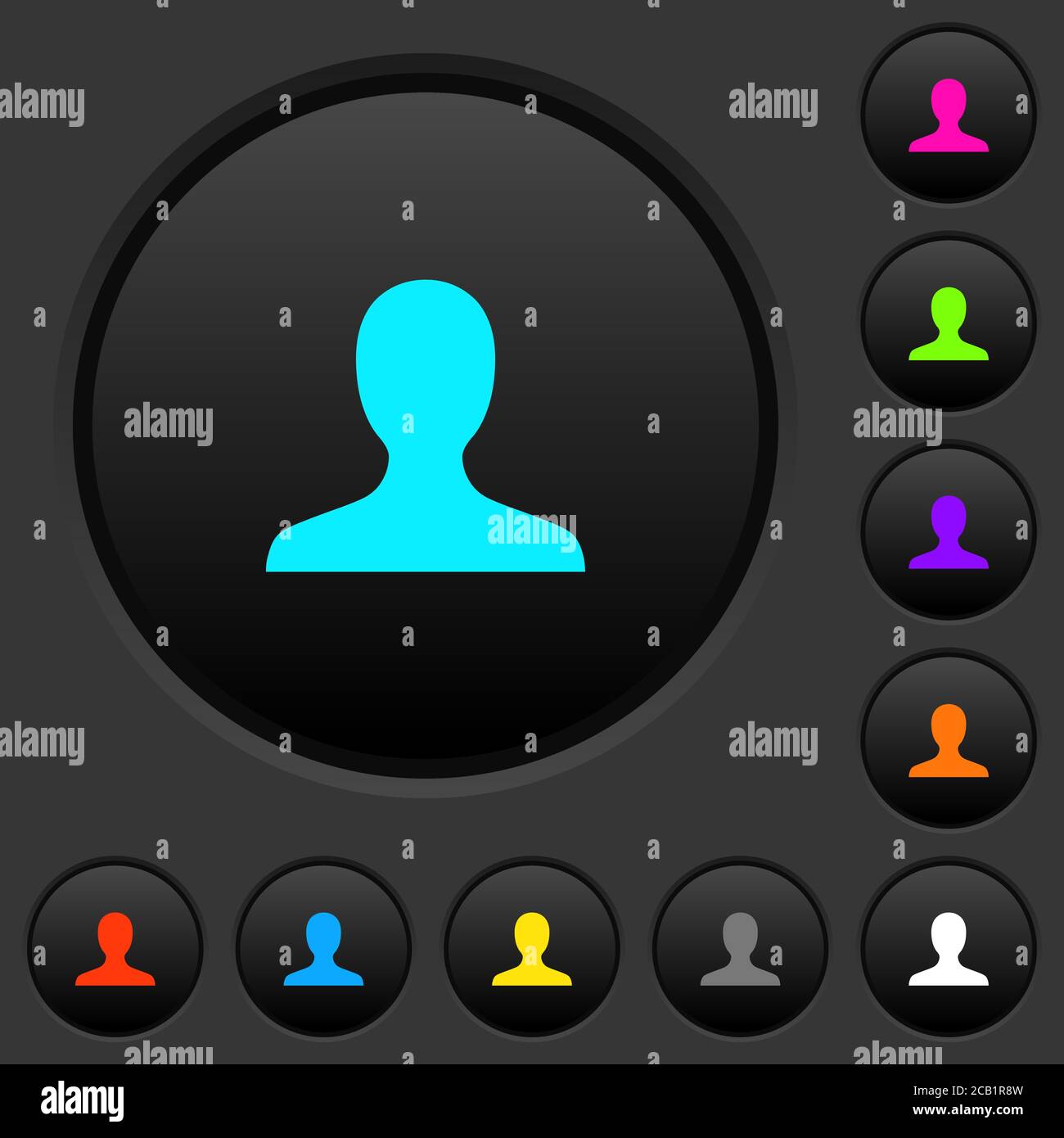 Blank user avatar dark push buttons with vivid color icons on dark grey ...