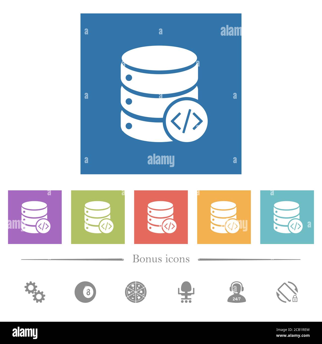 Database programming flat white icons in square backgrounds. 6 bonus ...