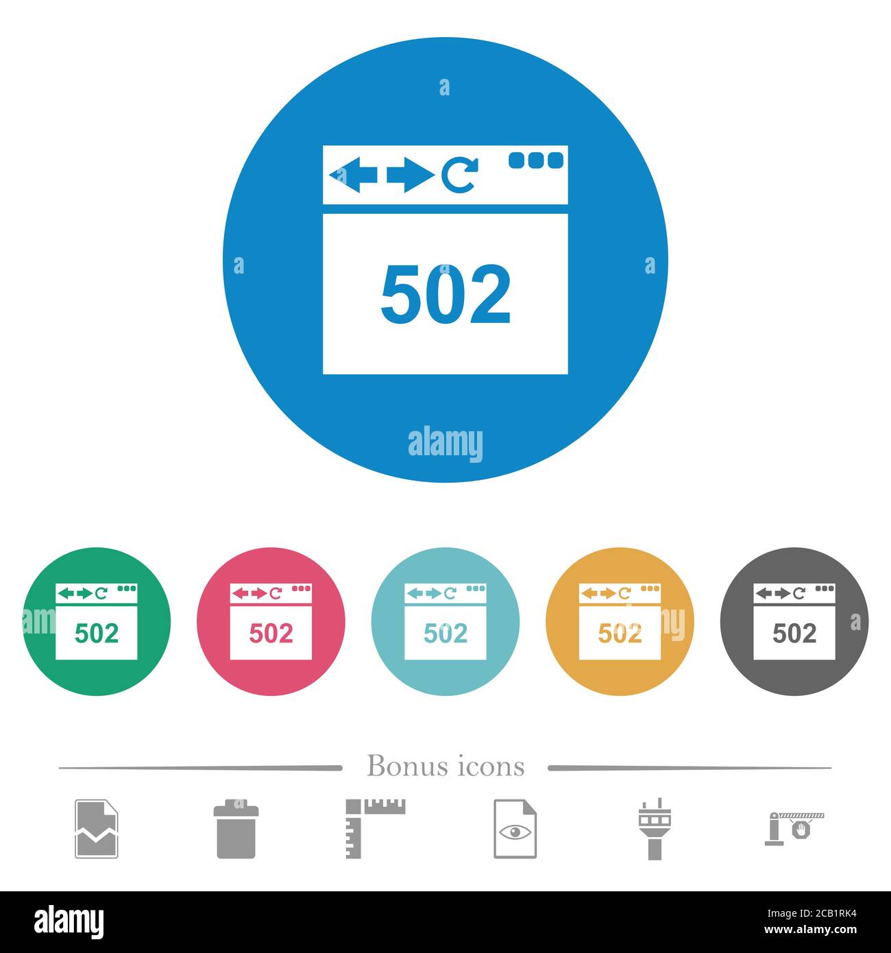 Browser 502 Bad gateway flat white icons on round color backgrounds. 6 ...