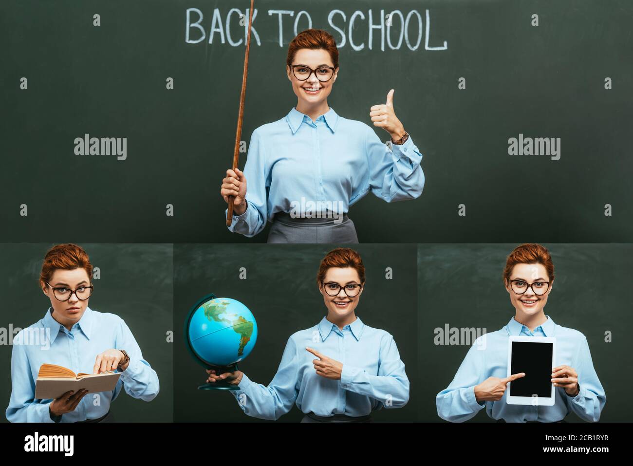 collage of teacher with pointing stick showing thumb up, reading book ...
