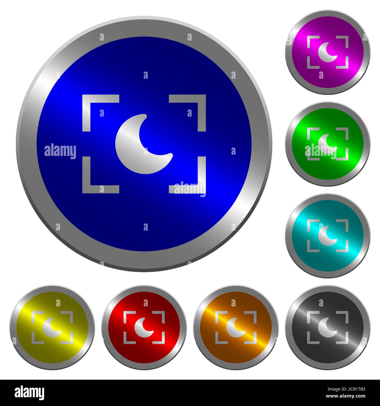 Camera night mode icons on round luminous coin-like color steel buttons ...