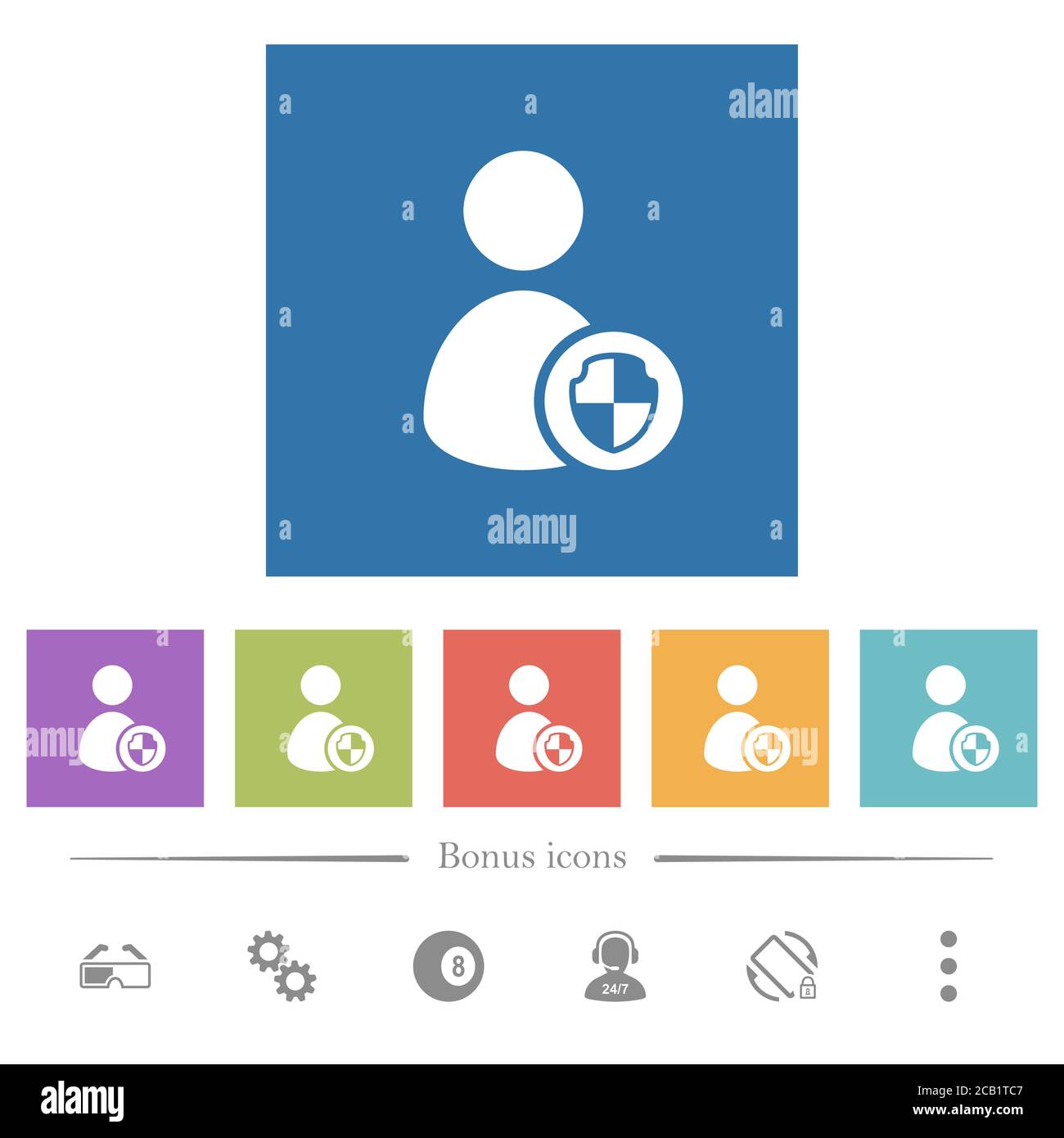 User account protection flat white icons in square backgrounds. 6 bonus ...