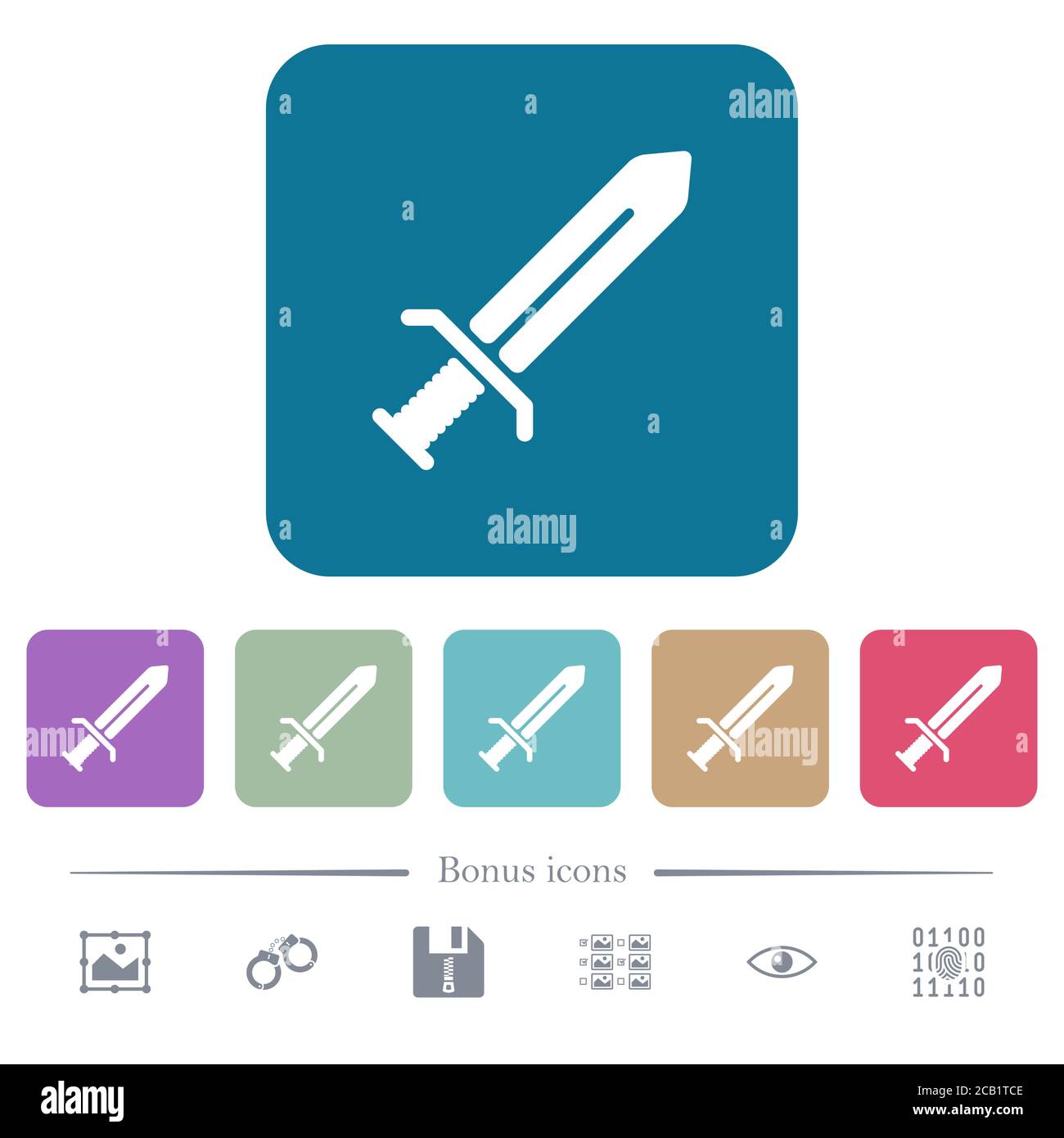 Sword white flat icons on color rounded square backgrounds. 6 bonus ...