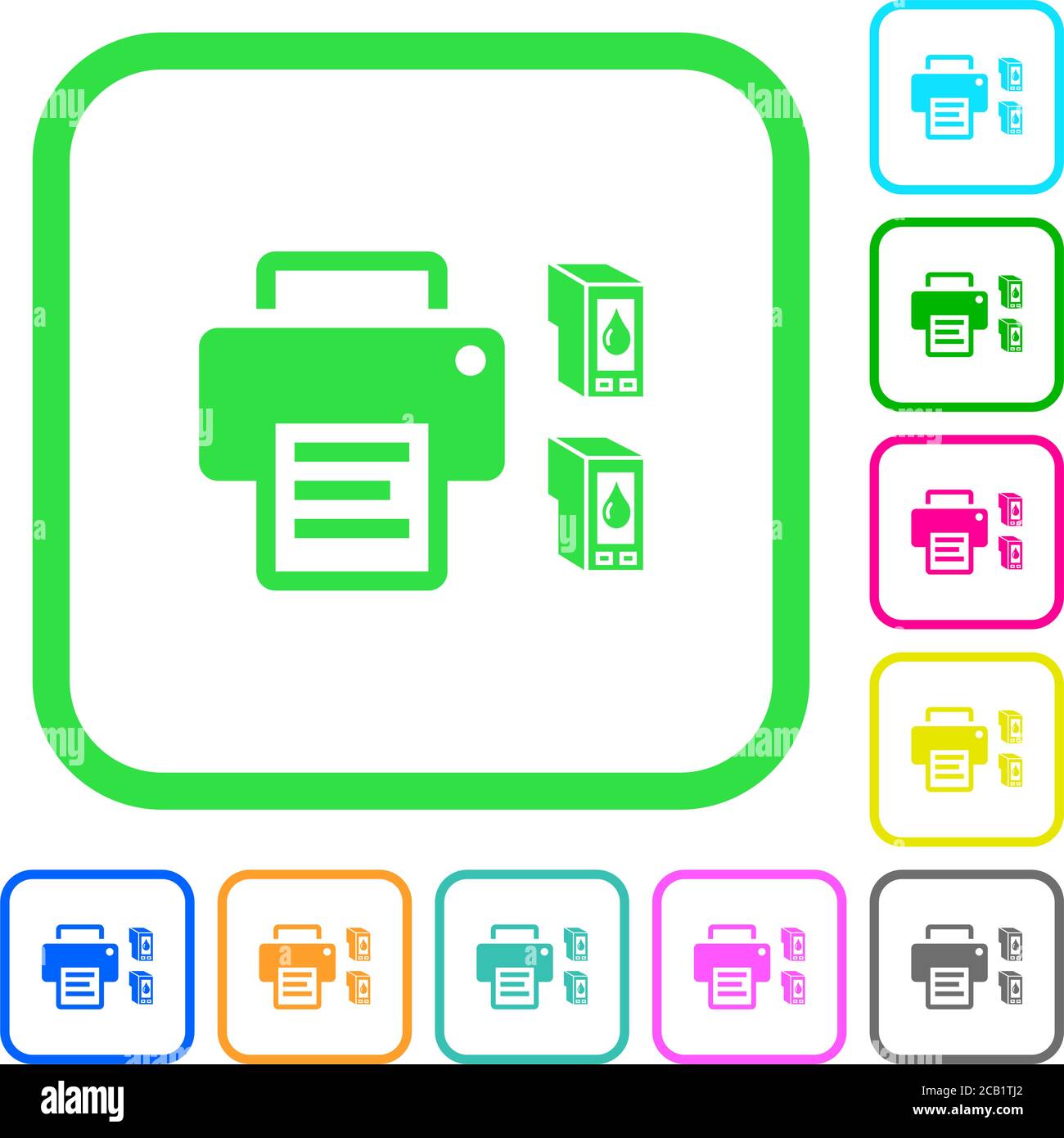 Printer and ink cartridges vivid colored flat icons in curved borders ...