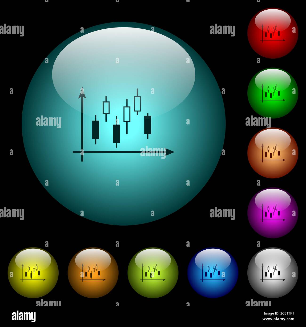 Candlestick graph with axes icons in color illuminated spherical glass ...