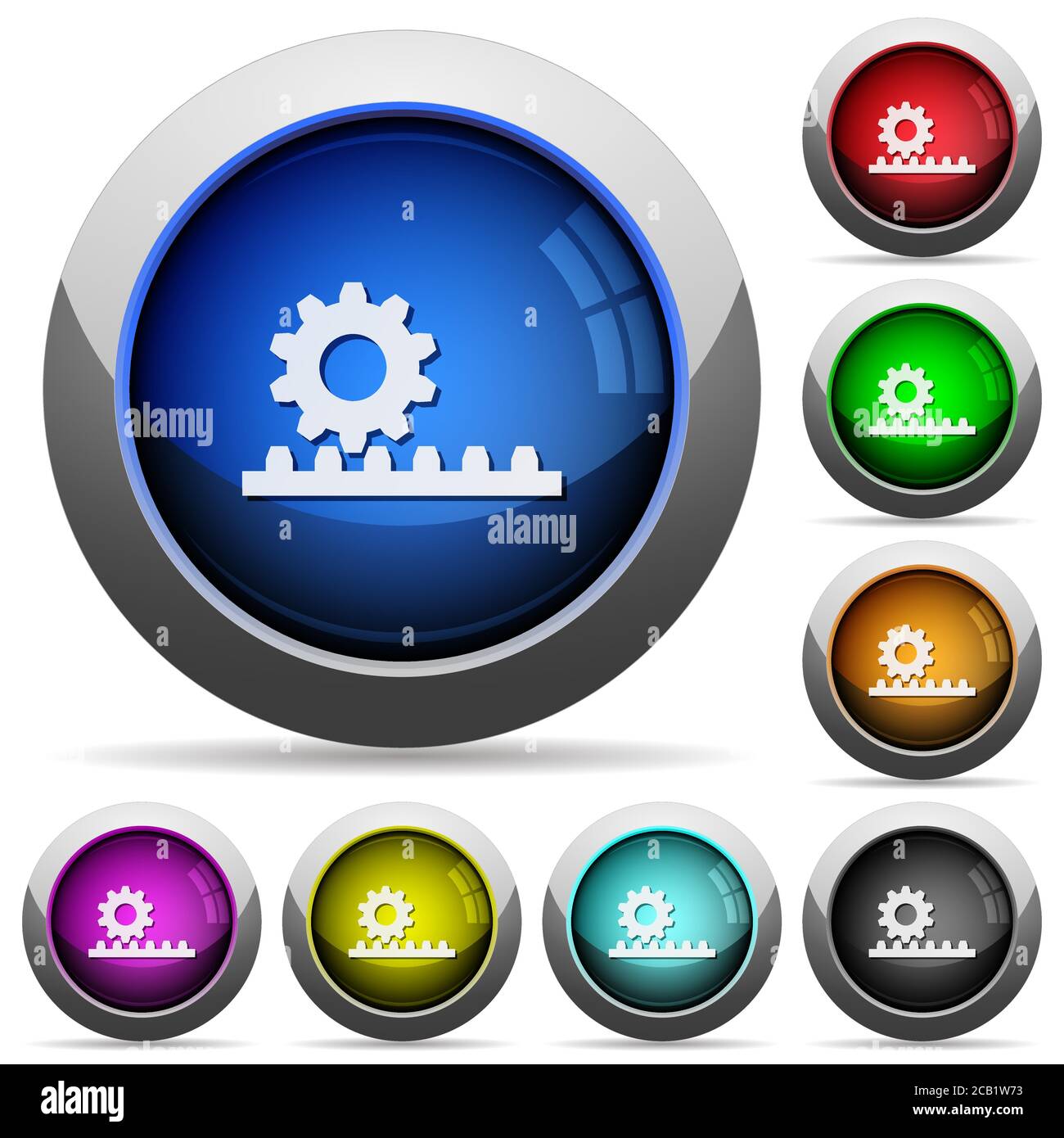 Cogwheel with rack pinion icons in round glossy buttons with steel ...