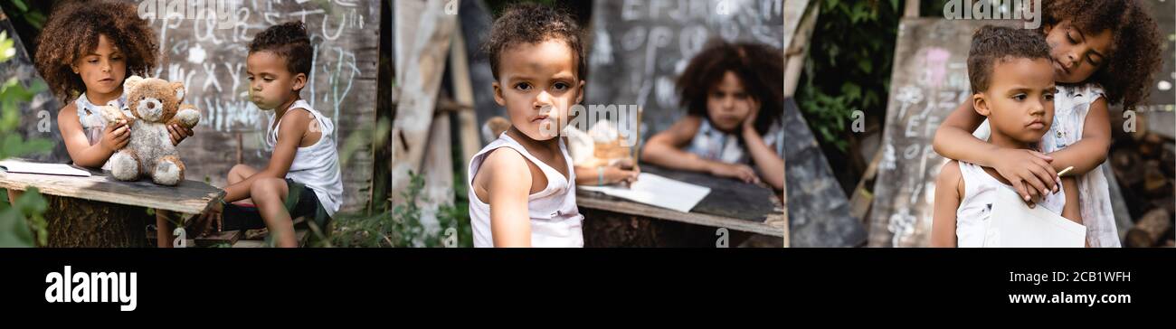 collage of poor african american kid hugging brother and having lesson ...