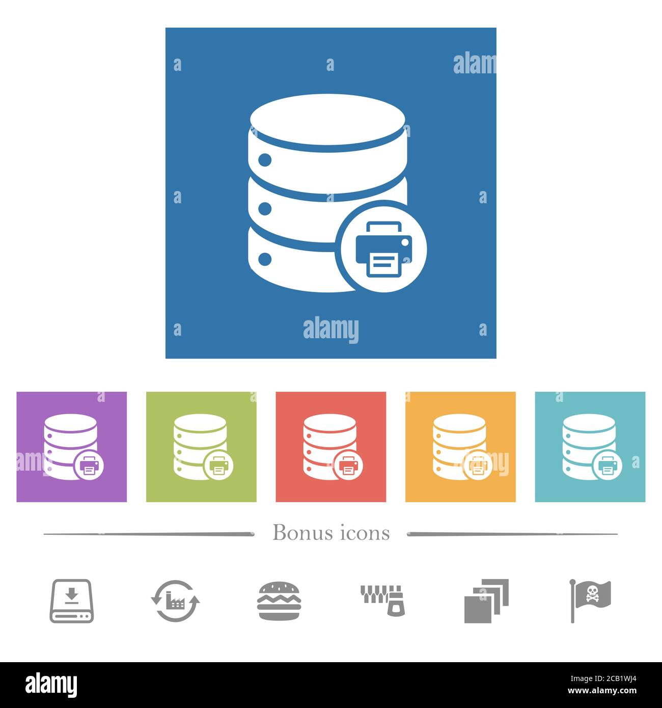 Print Database Data Flat White Icons In Square Backgrounds 6 Bonus Icons Included Stock Vector