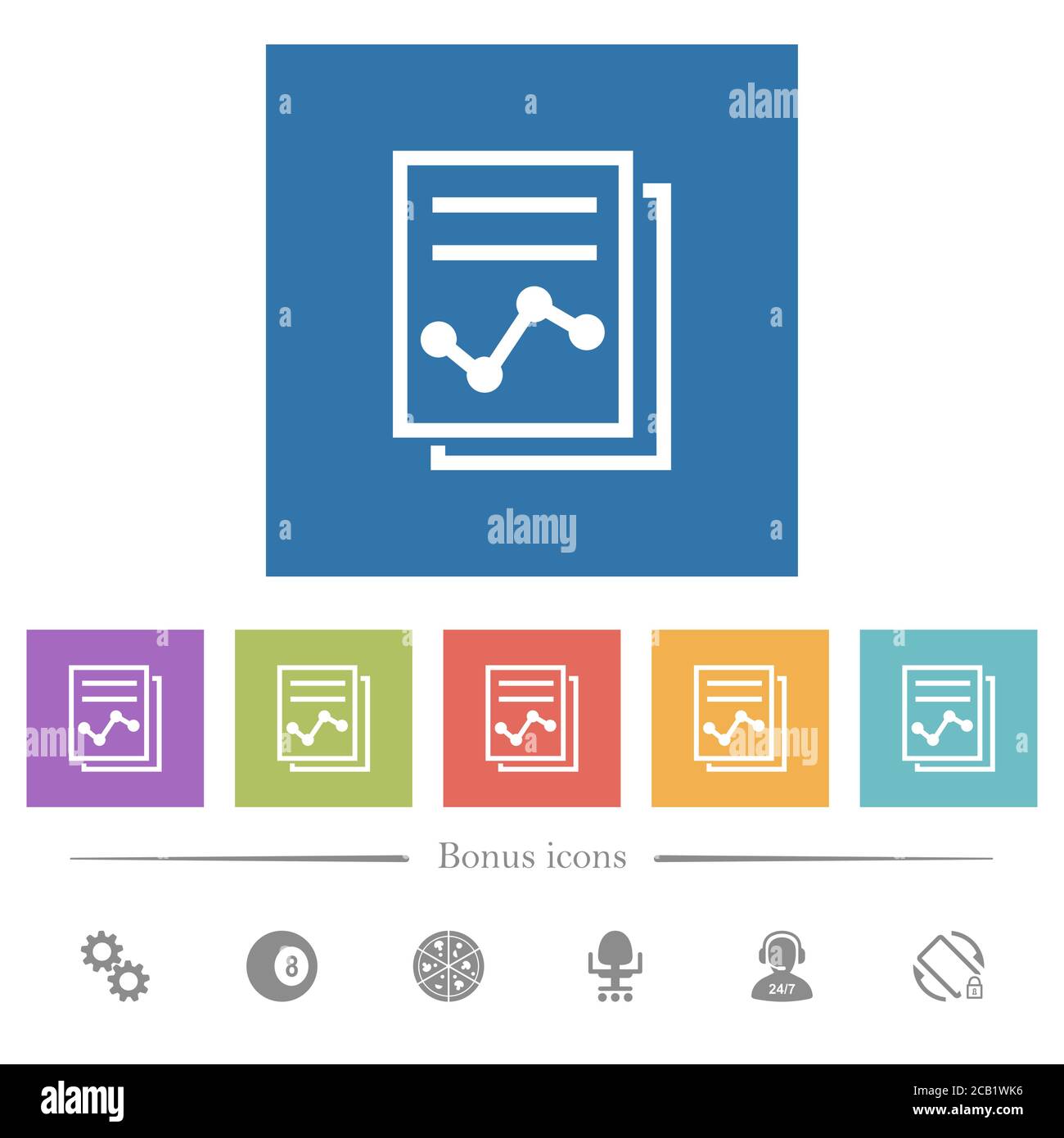 Report with graph flat white icons in square backgrounds. 6 bonus icons ...