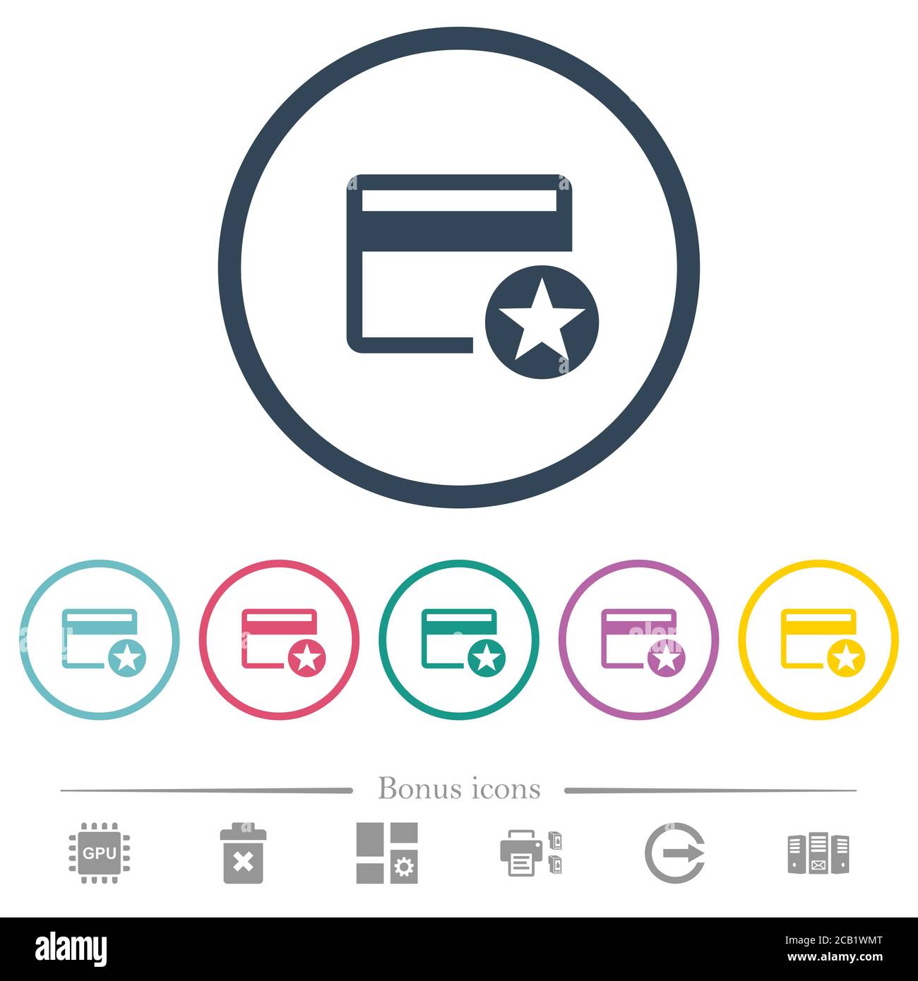 Primary credit card flat color icons in round outlines. 6 bonus icons ...