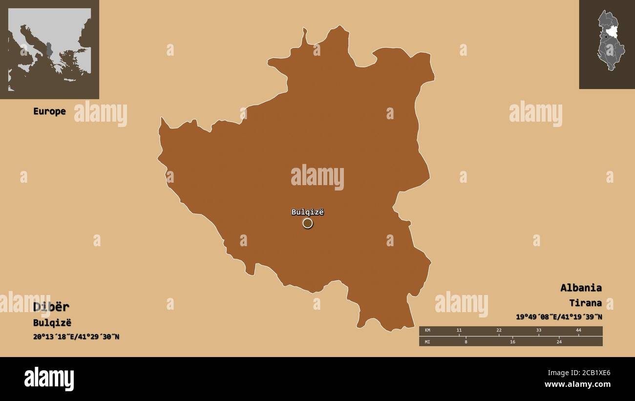 Shape of Dibër, county of Albania, and its capital. Distance scale ...