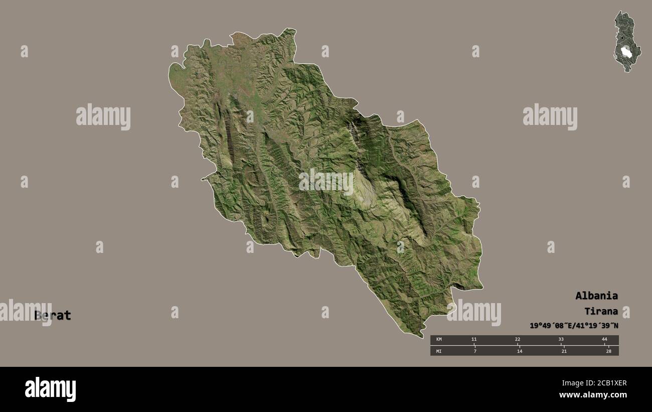 Shape of Berat, county of Albania, with its capital isolated on solid ...