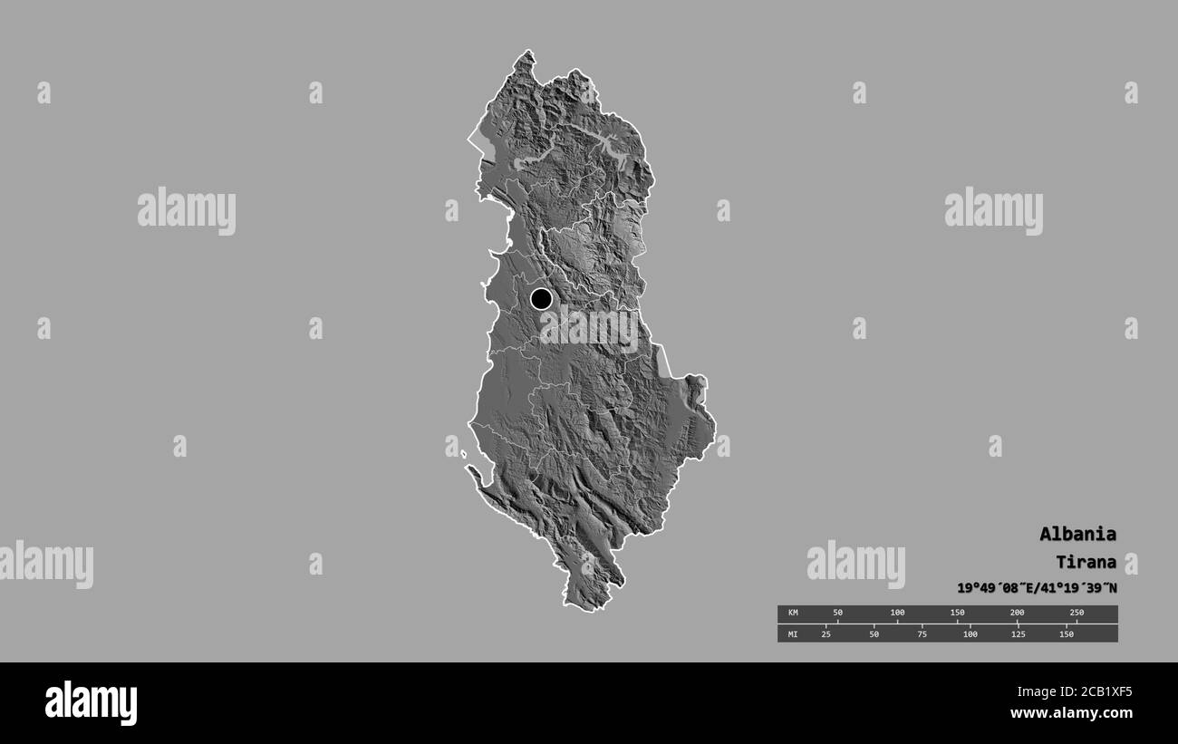 Desaturated shape of Albania with its capital, main regional division ...