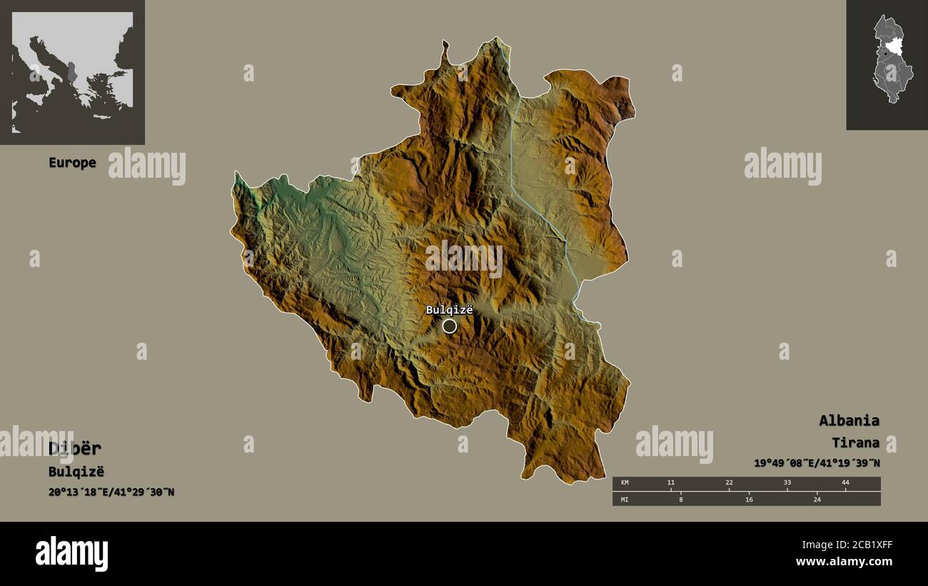 Shape of Dibër, county of Albania, and its capital. Distance scale ...