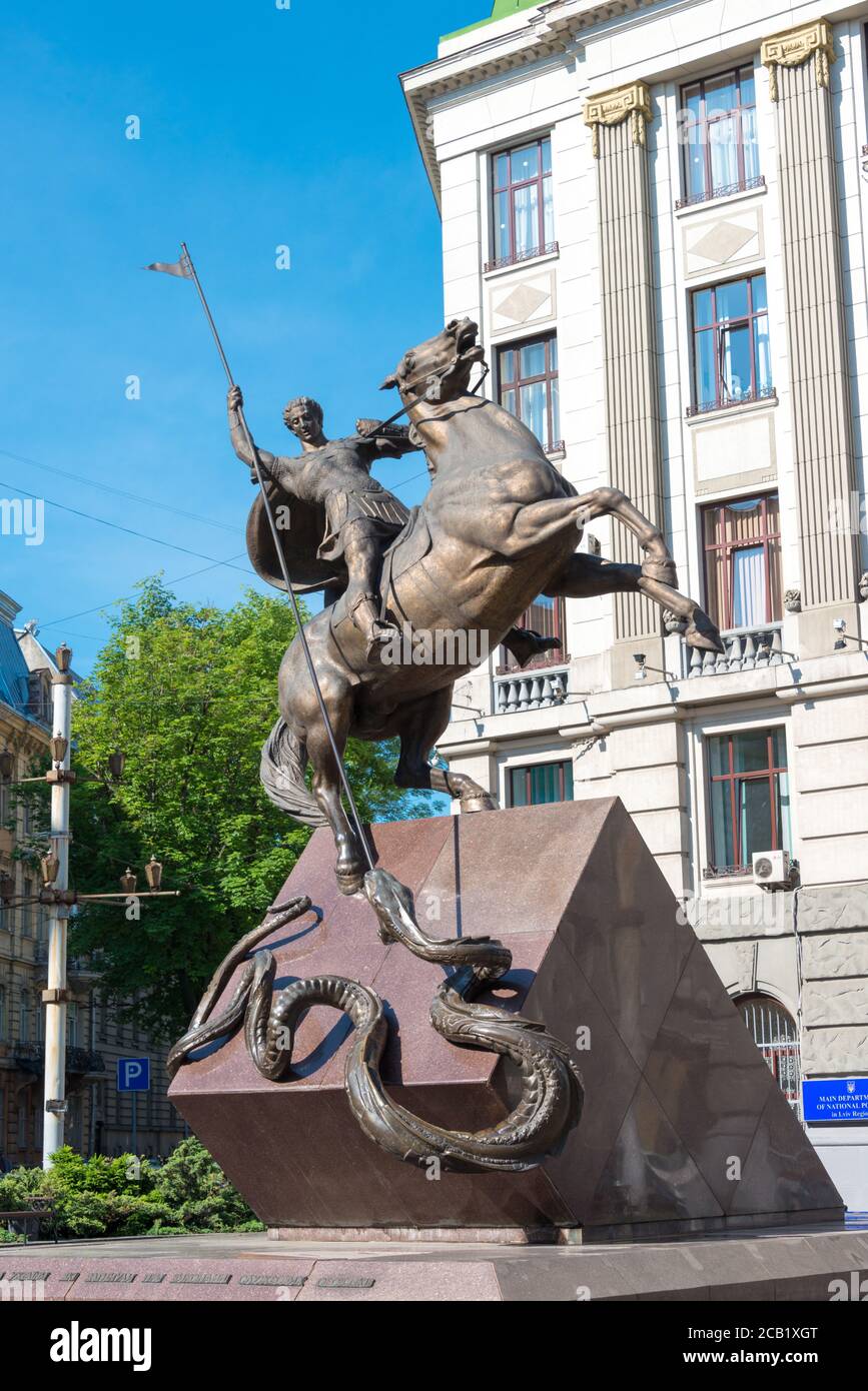 Lviv, Ukraine - Saint George and the Dragon statue. a famous tourist ...