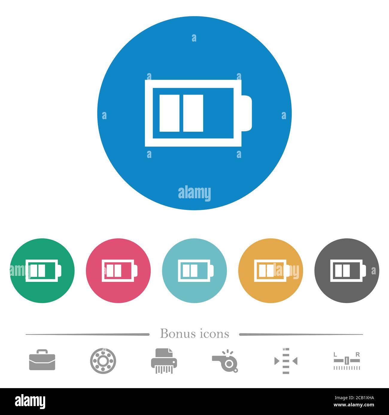 Half battery with two load units flat white icons on round color ...
