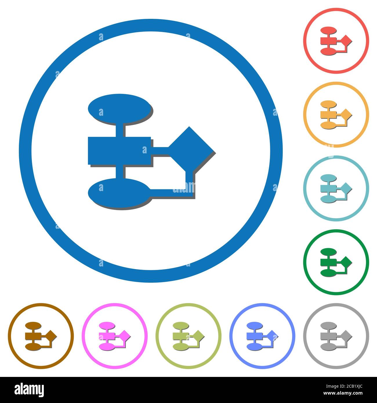 Flowchart flat color vector icons with shadows in round outlines on ...
