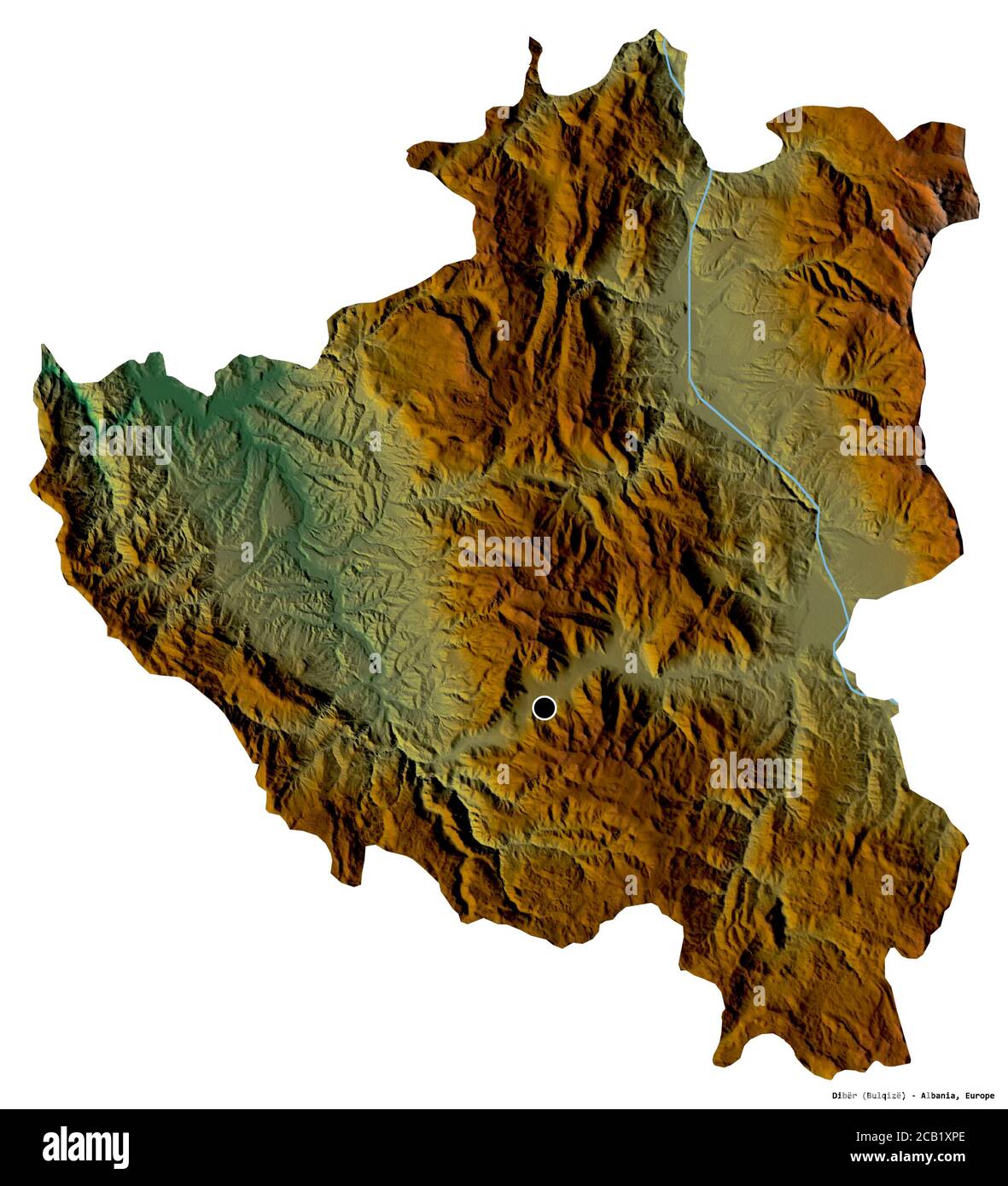 Shape of Dibër, county of Albania, with its capital isolated on white ...