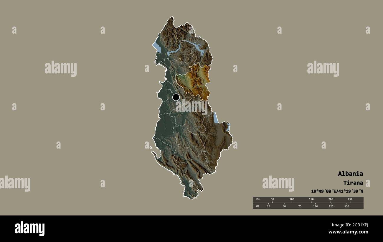 Desaturated shape of Albania with its capital, main regional division ...