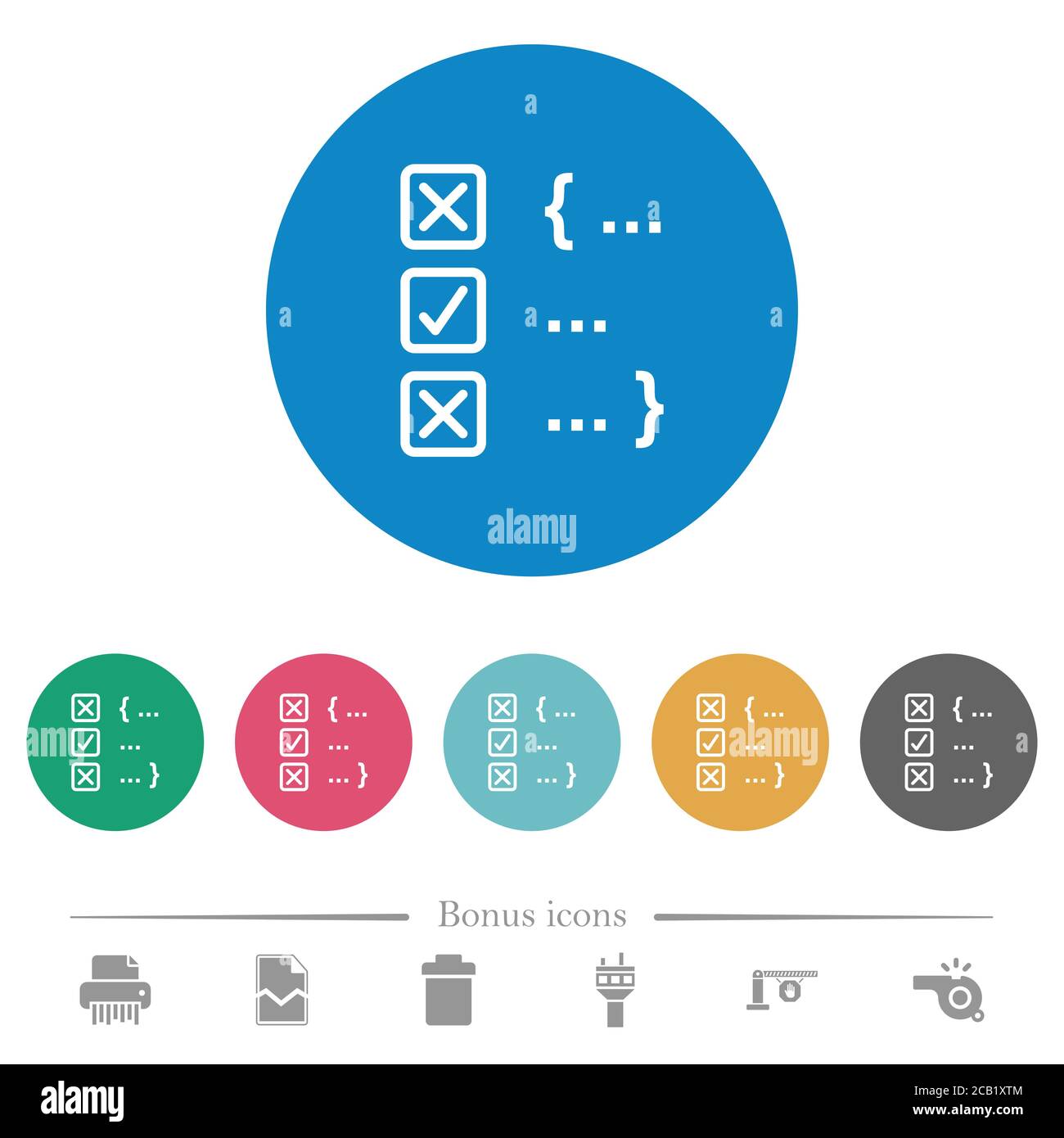 Source code checking flat white icons on round color backgrounds. 6 bonus icons included Stock ...