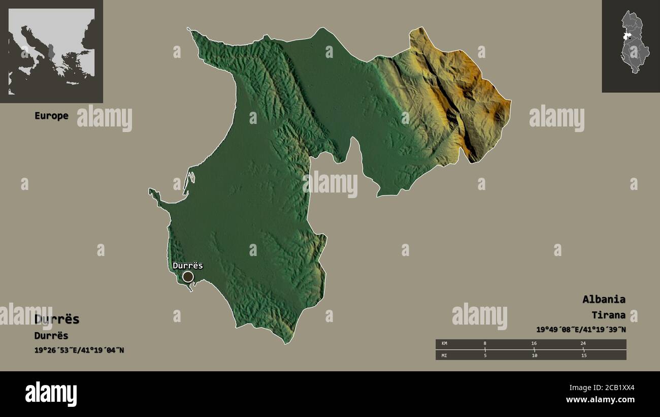 Shape of Durrës, county of Albania, and its capital. Distance scale ...