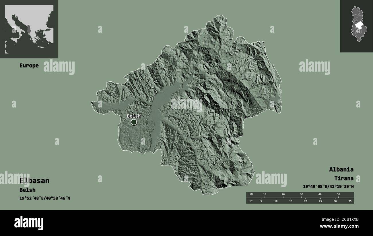 Shape of Elbasan, county of Albania, and its capital. Distance scale ...