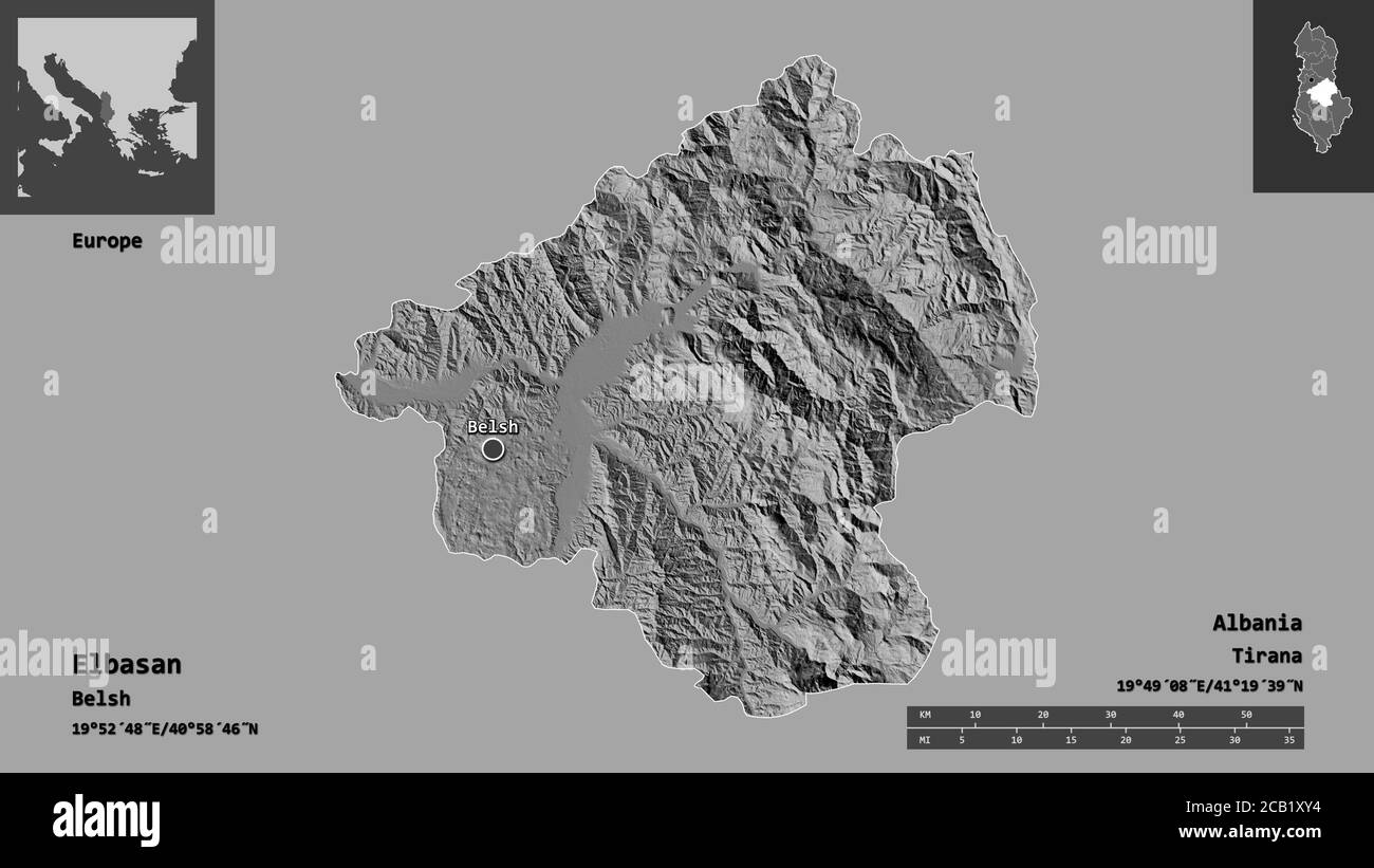 Shape of Elbasan, county of Albania, and its capital. Distance scale ...