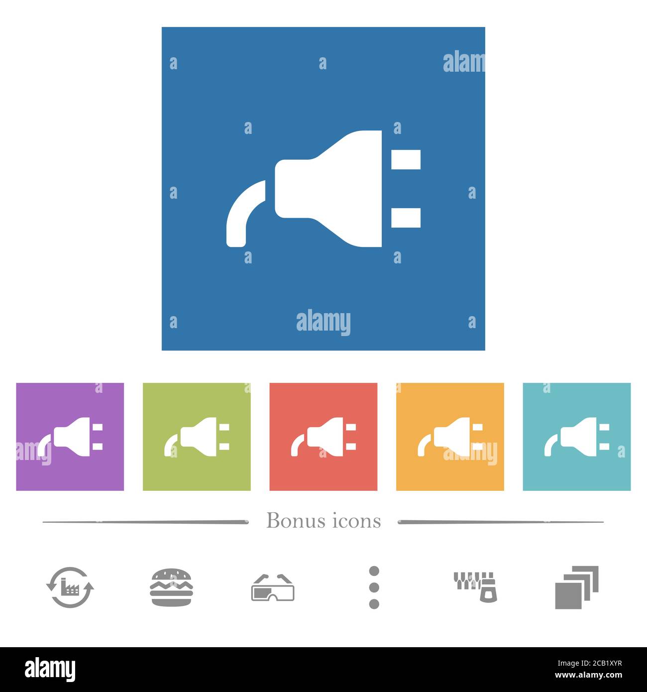 Power plug flat white icons in square backgrounds. 6 bonus icons ...