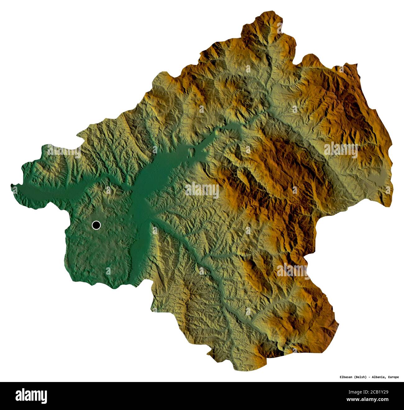 Shape of Elbasan, county of Albania, with its capital isolated on white ...