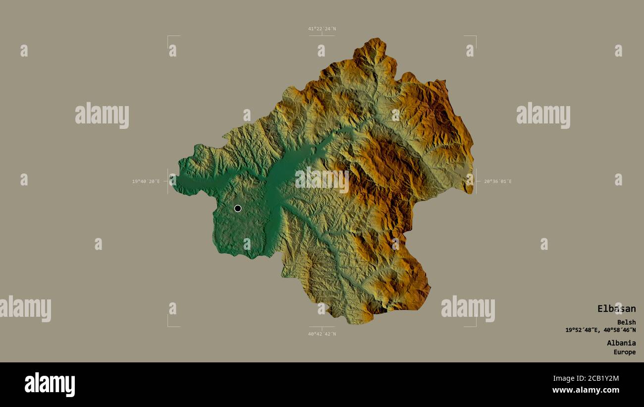 Area of Elbasan, county of Albania, isolated on a solid background in a ...
