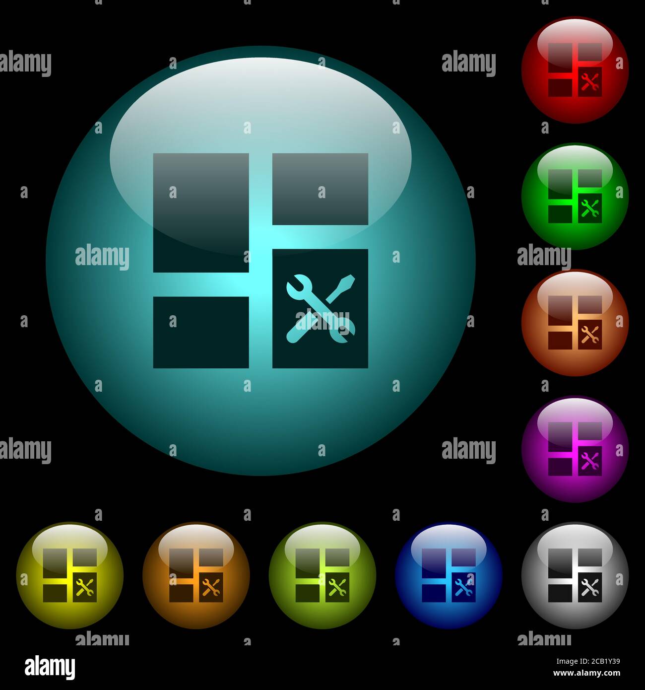Dashboard tools icons in color illuminated spherical glass buttons on ...